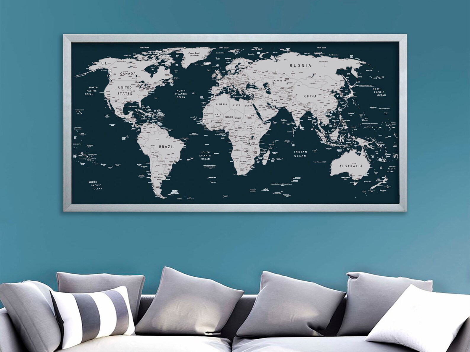 World Map Canvas Gray World Map Decor World Map Push Pin Atlas Print ...