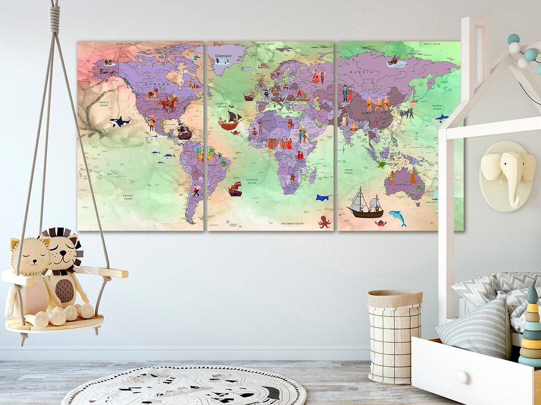 Homeschooling World Map Canvas Wall Art Colorful World Map Nursery ...