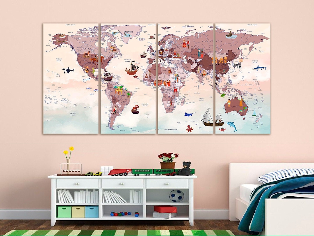 Kids Animal World Map Room Decor Animal Map Large Wall Decor Pink Kids ...