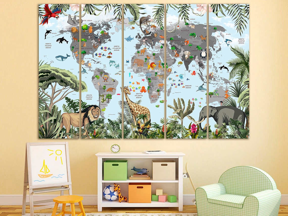 Nursery World Map Canvas Playroom Map Decor Kinderweltkarte - Etsy
