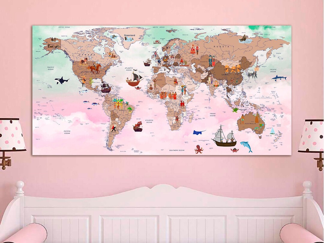 World Map for a Girl Canvas Wall Art Children's Room Decor Educational ...