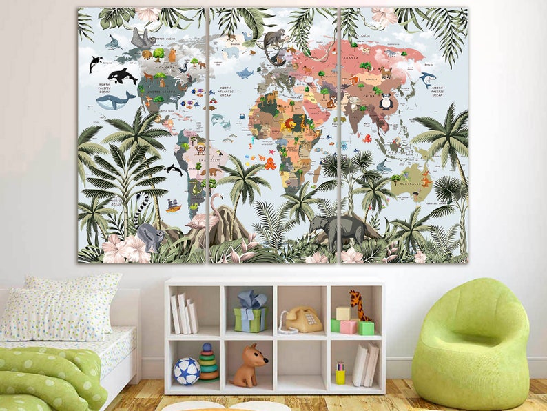Nursery World Map Canvas Playroom Map Decor Kinderweltkarte Childrens ...