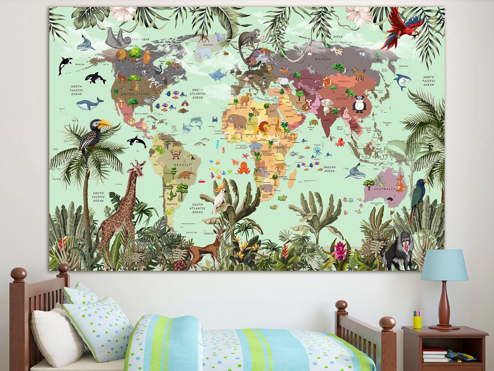 Nursery World Map Canvas Playroom Map Decor Kinderweltkarte Childrens ...