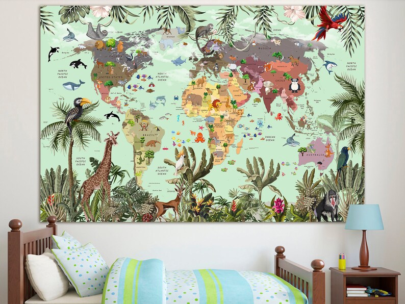 Nursery World Map Canvas Playroom Map Decor Kinderweltkarte Childrens ...
