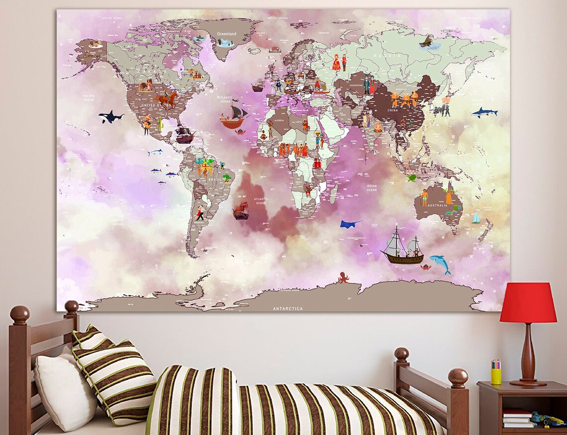 Educational World Map Kids Wall Art Childrens Map Canvas Boys - Etsy