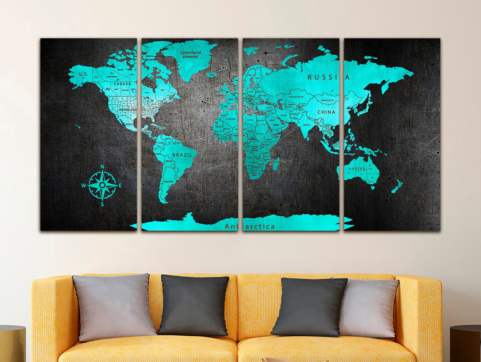 World Map Canvas Turquoise World Map Deco World Map Push Pin - Etsy