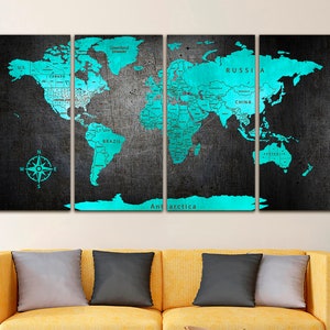World Map Canvas Turquoise World Map Deco World Map Push Pin Atlas ...