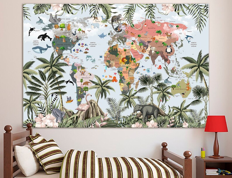 Nursery World Map Canvas Playroom Map Decor Kinderweltkarte Childrens ...