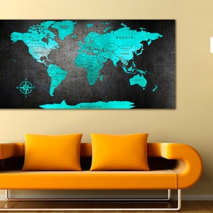 World Map Canvas Turquoise World Map Deco World Map Push Pin Atlas ...