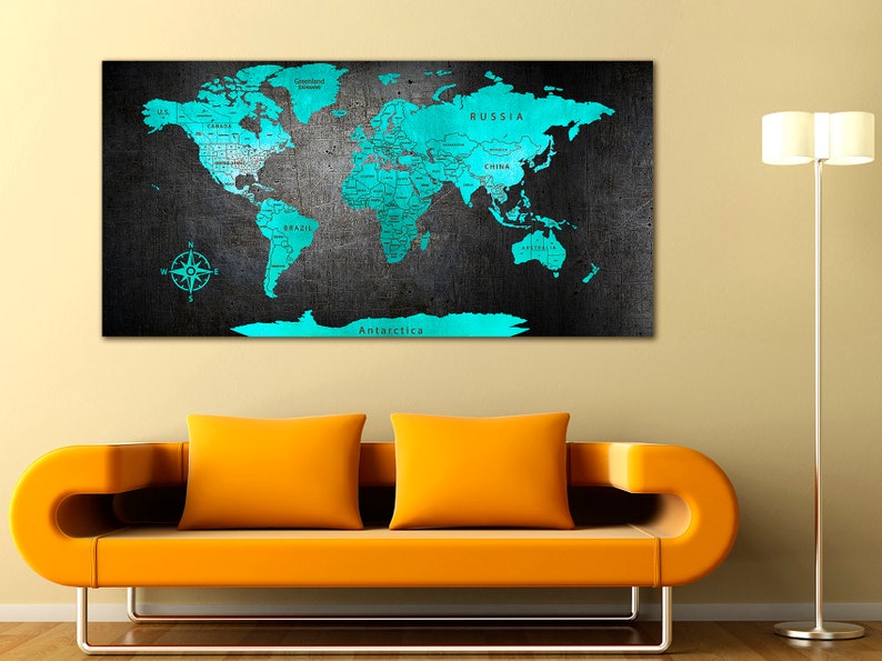 World Map Canvas Turquoise World Map Deco World Map Push Pin - Etsy