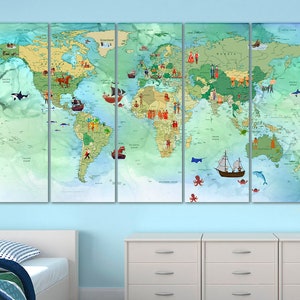 Canvas Kids Map Emerald Green Nursery World Map Kids Room Decor ...