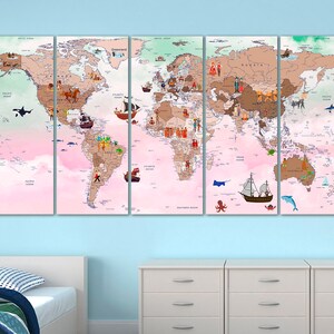 World Map for a Girl Canvas Wall Art Children's Room Decor Educational ...