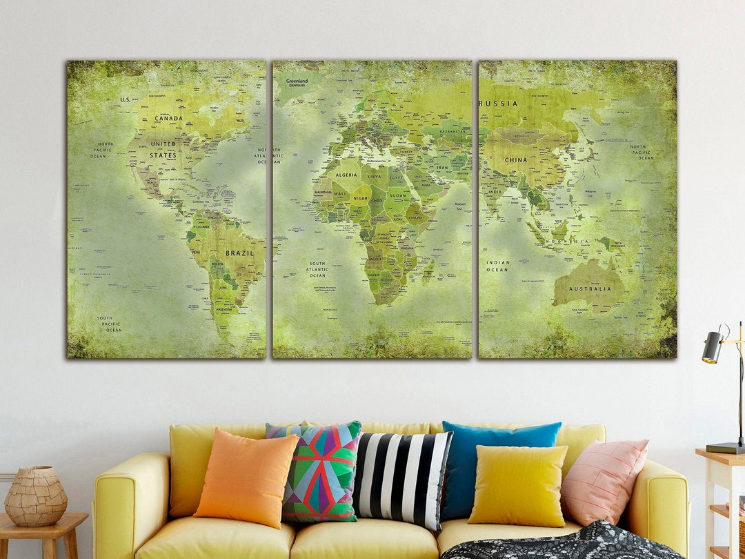 Green World Map Canvas World Map Decor World Map Push Pin Atlas Print ...