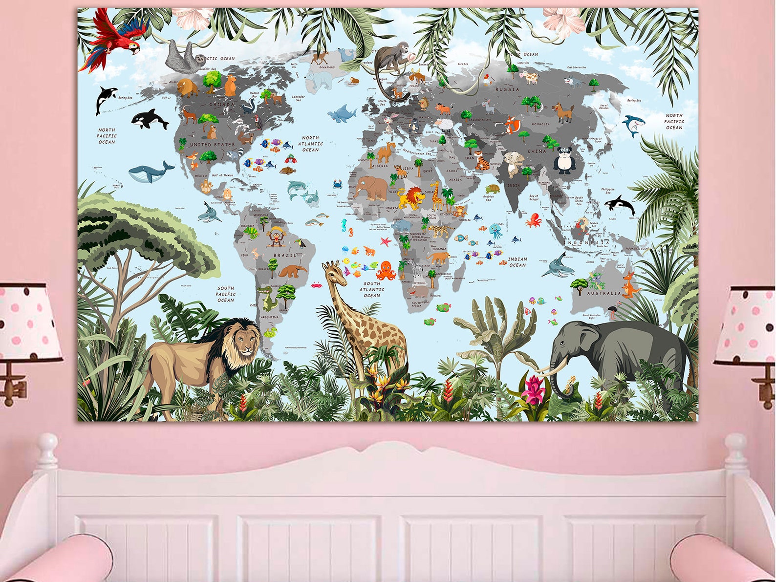 Nursery World Map Canvas Playroom Map Decor Kinderweltkarte - Etsy
