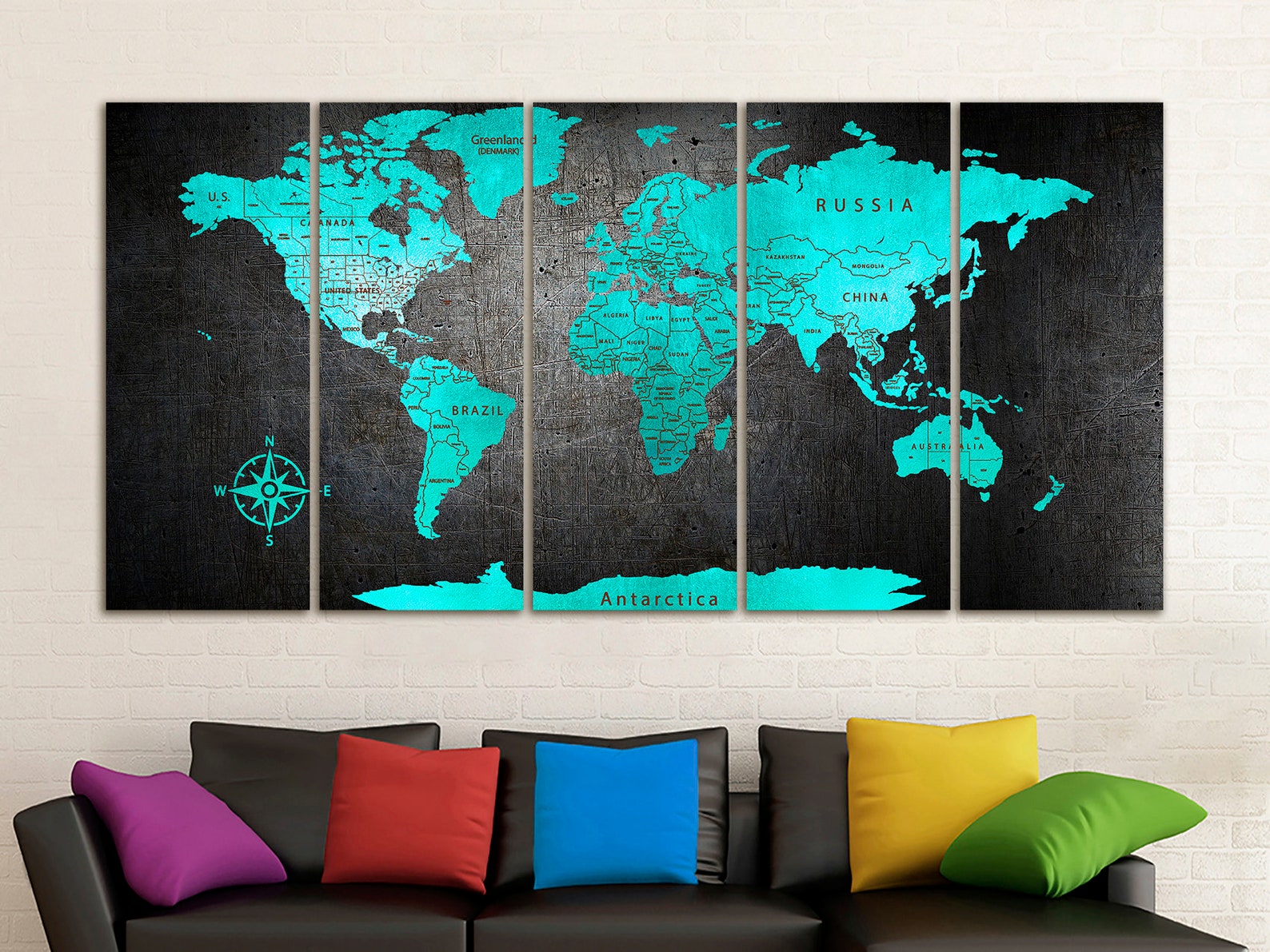 World Map Canvas Turquoise World Map Deco World Map Push Pin - Etsy