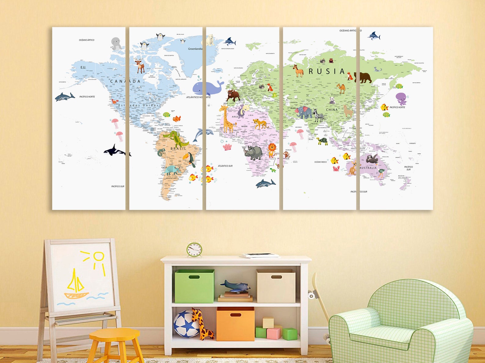 Kids World Map in SPANISH World Map Canvas Mapa Del Mundo En - Etsy