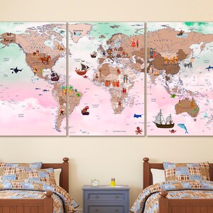 World Map for a Girl Canvas Wall Art Children's Room Decor Educational ...