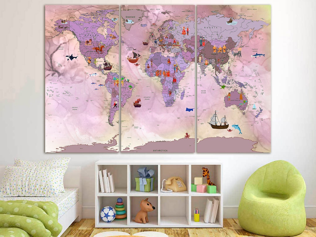 Pink Kids World Map Canvas Playroom World Map Wall Decor Childrens Map ...