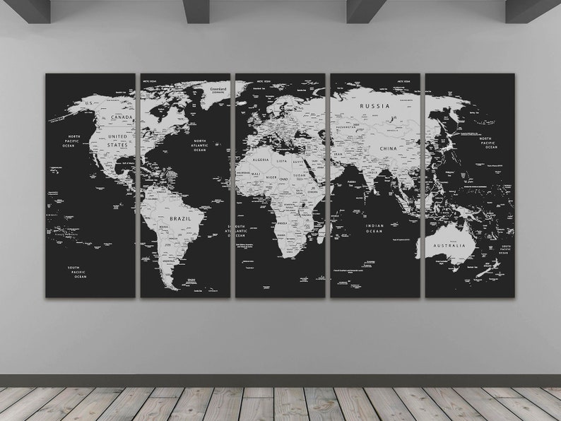 World map canvas Gray world map decor World map push pin | Etsy