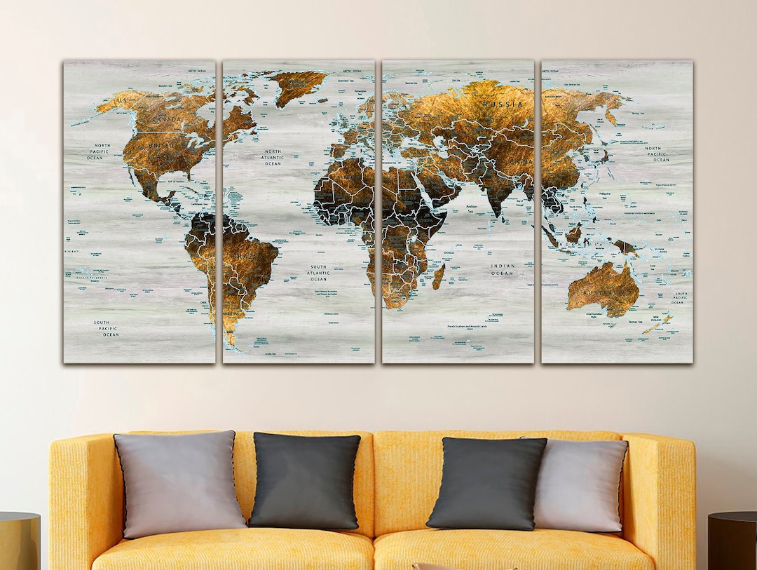 World Map Canvas Gold World Map Decor World Map Push Pin Atlas Print ...