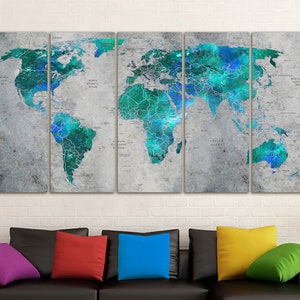 World Map Canvas Turquoise World Map Decor World Map Push Pin Atlas ...