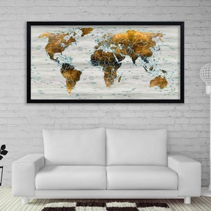 World Map Canvas Gold World Map Decor World Map Push Pin Atlas Print ...