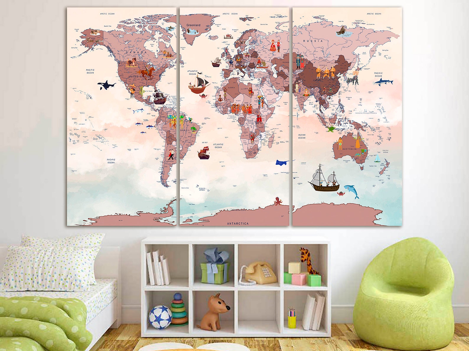 Kids World Map Canvas Nursery World Map Art Playroom World Map - Etsy