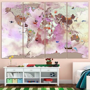 Educational World Map Kids Wall Art Childrens Map Canvas Boys Nursery ...