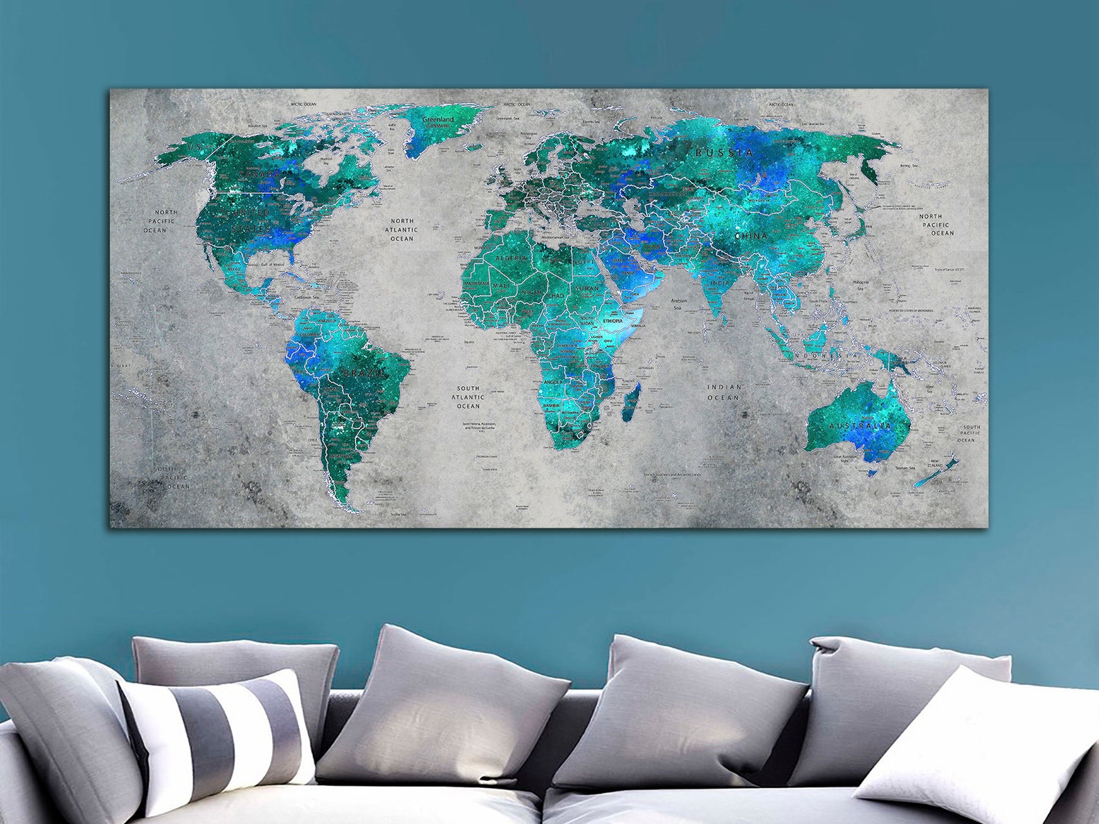 World Map Canvas Turquoise World Map Decor World Map Push Pin | Etsy