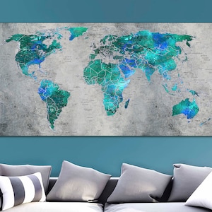 World Map Canvas Turquoise World Map Decor World Map Push Pin Atlas ...