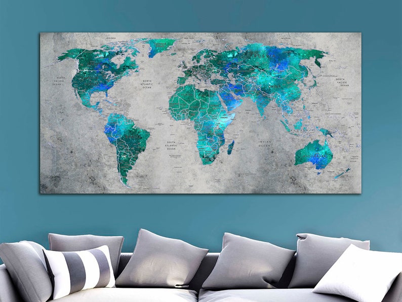 World Map Canvas Turquoise World Map Decor World Map Push Pin | Etsy