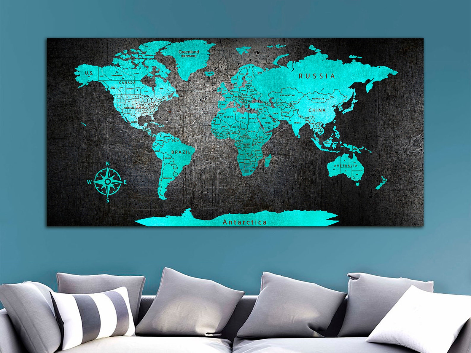 World Map Canvas Turquoise World Map Deco World Map Push Pin - Etsy