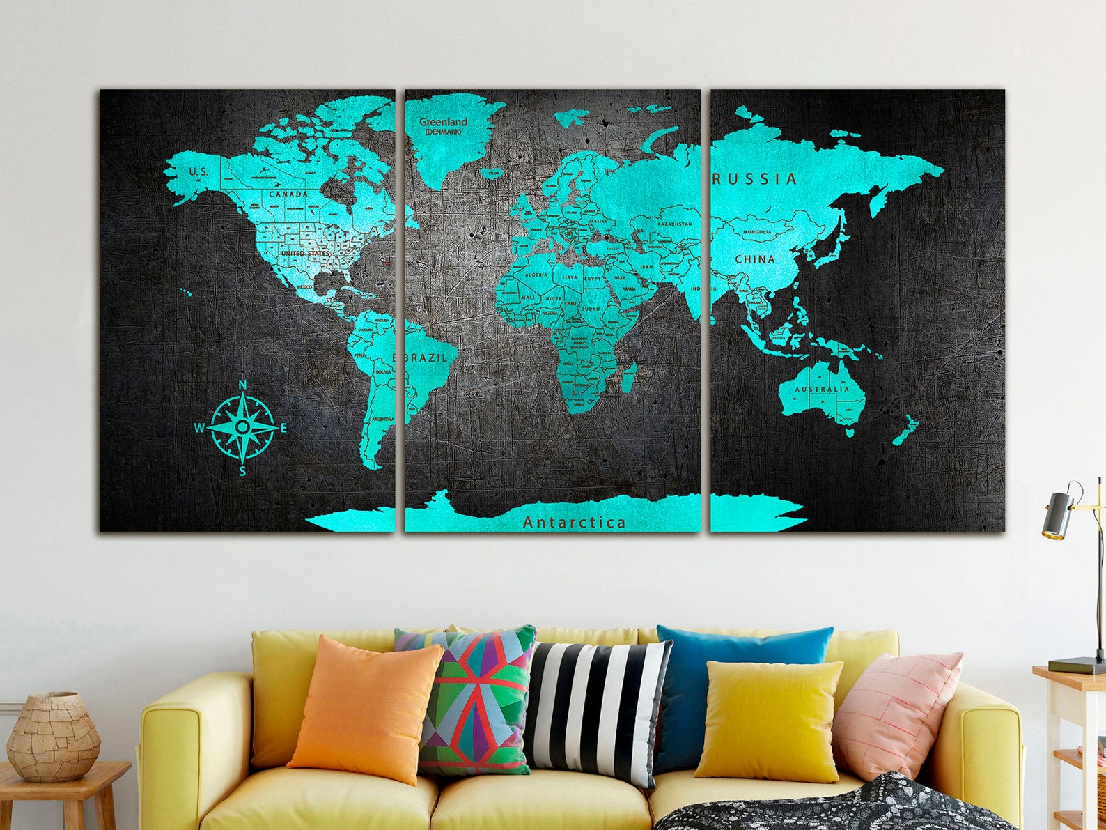 World Map Canvas Turquoise World Map Deco World Map Push Pin - Etsy