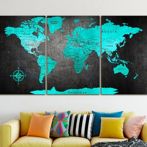 World Map Canvas Turquoise World Map Deco World Map Push Pin Atlas ...