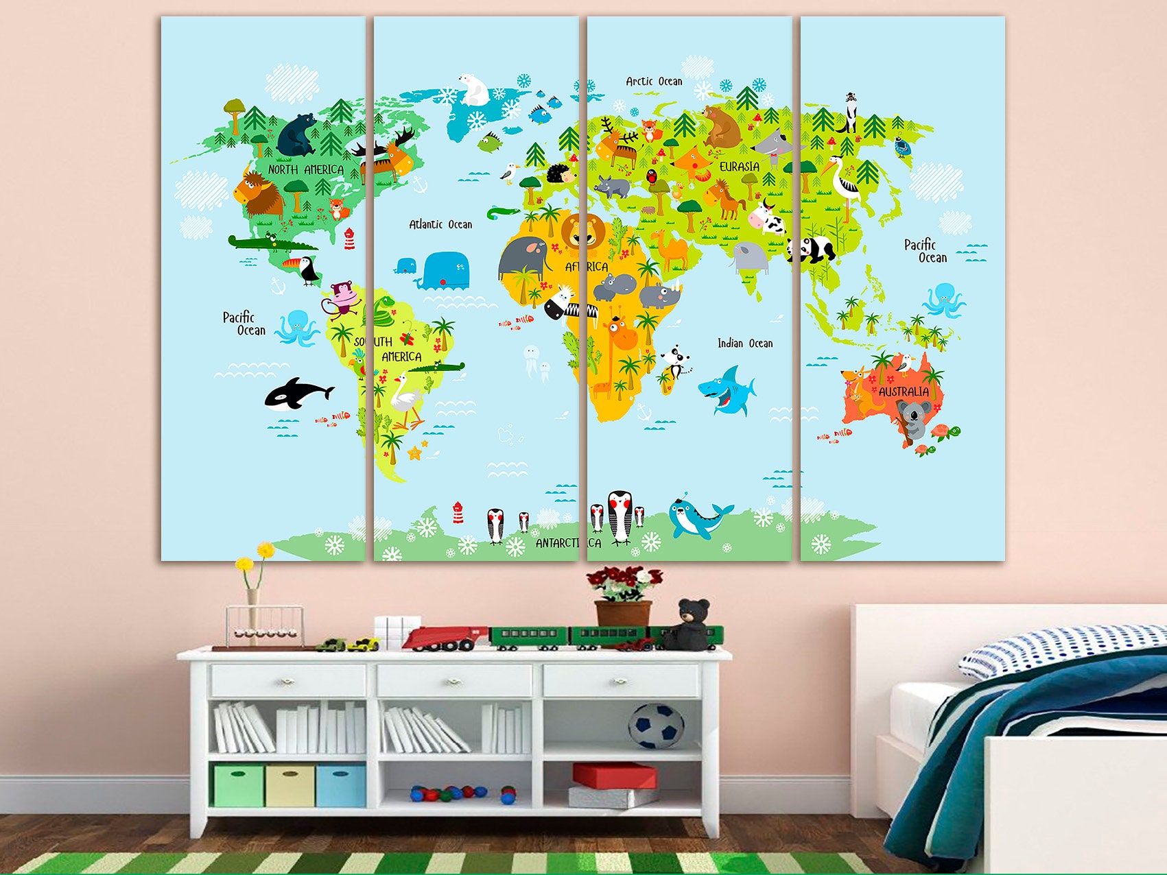 Nursery World Map Canvas Playroom Map Decor Kinderweltkarte Childrens ...
