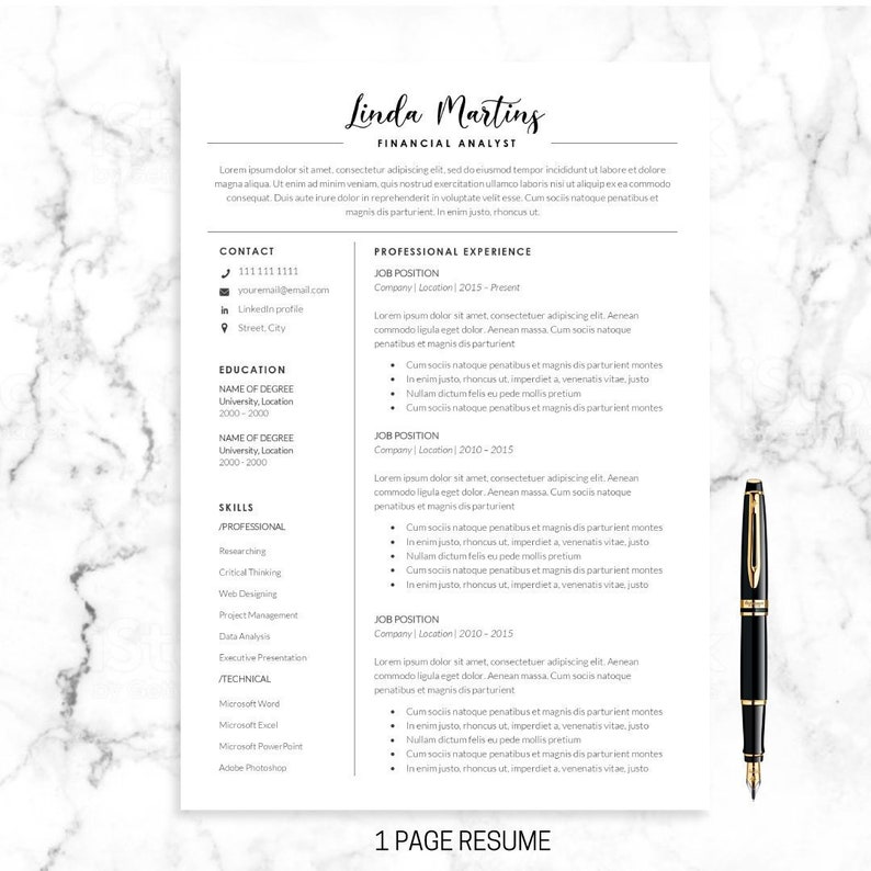 Modern and Professional CV Template / Resume Template / 1-page CV ...