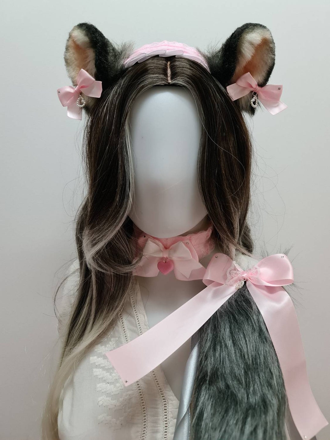 Frilly Rodent Ears Headband Tail and Collar Set baby Pink & - Etsy