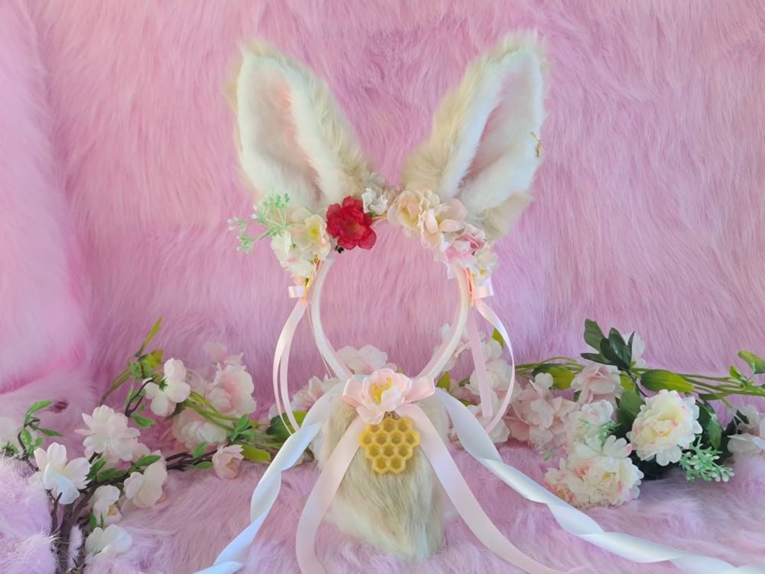 READY TO SHIP Flowery Bunny Ears Headband and Tail Set, Cream & Pink ...