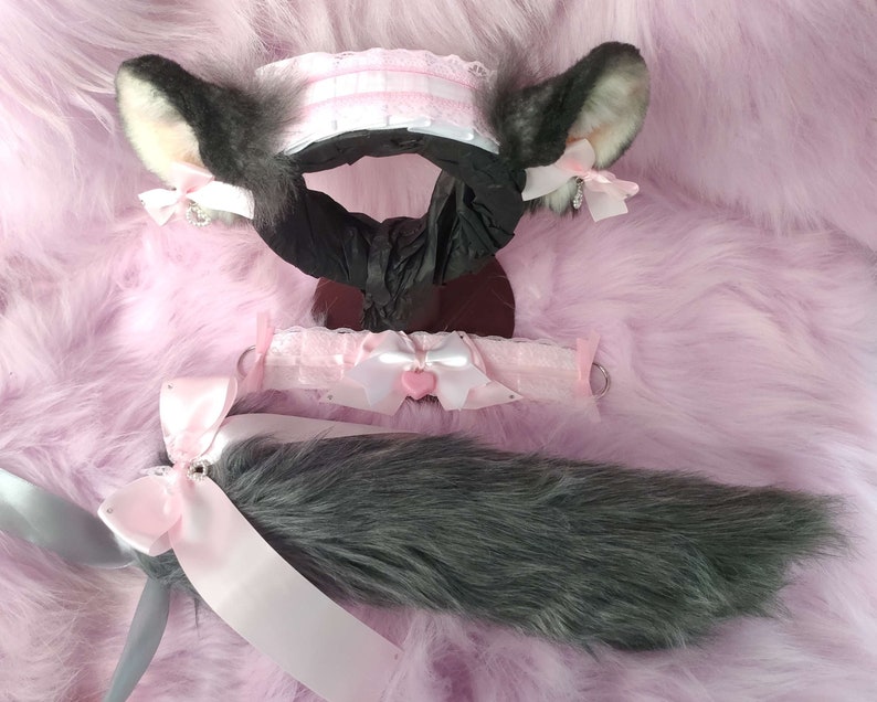 Adorable Frilly Rodent Ears, Tail and Collar Set in Baby Pink & White ...