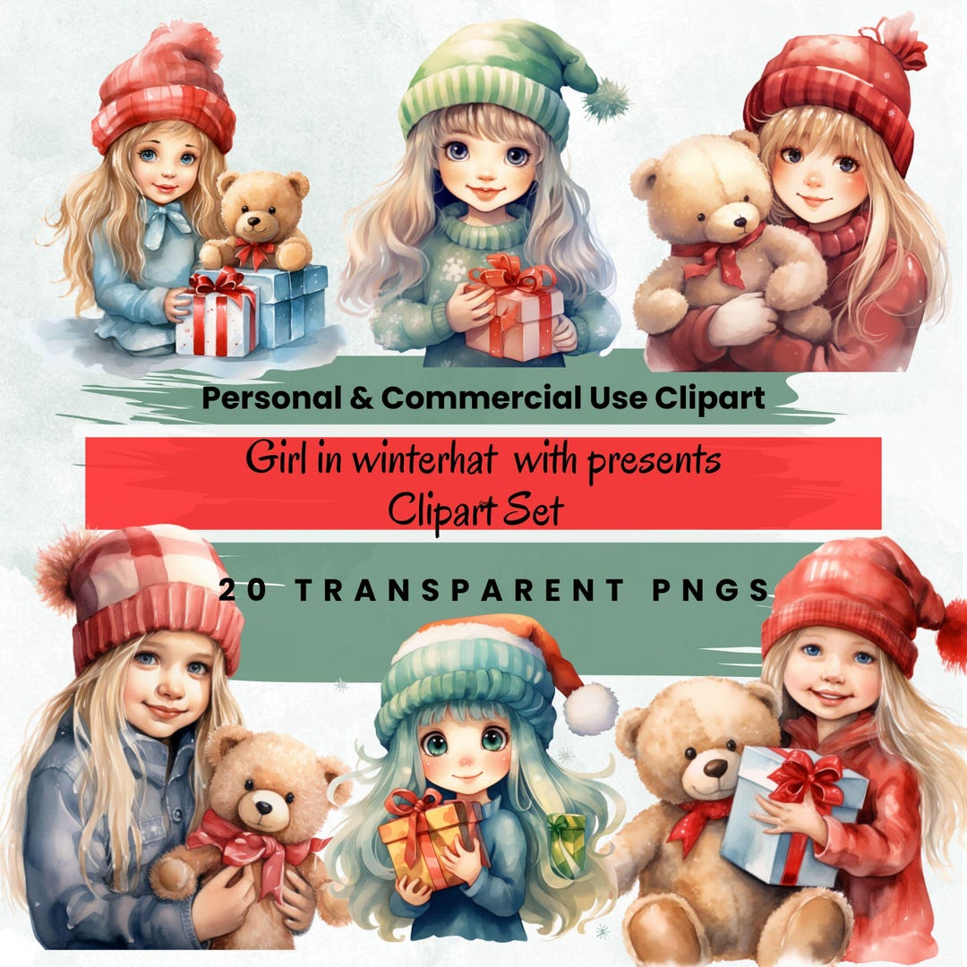 Cozy Christmas Girl Clipart, Watercolor Winter PNG Set (digital ...