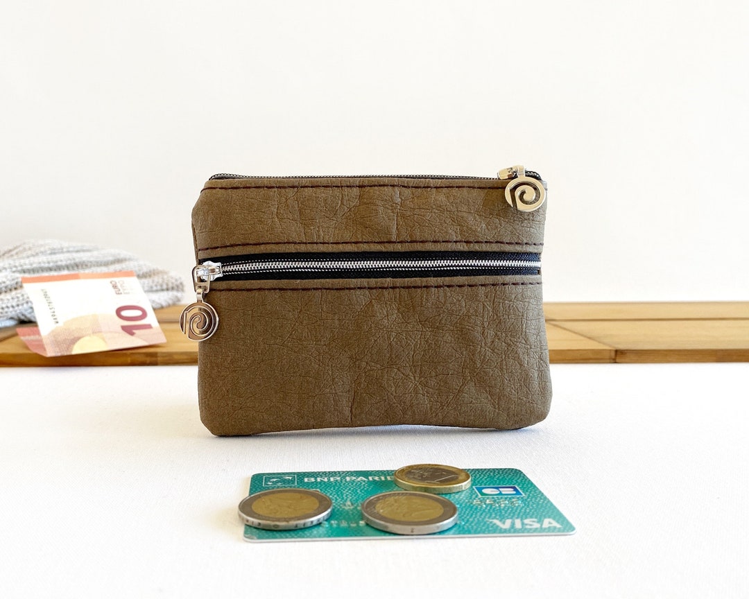 Brown Double Zip Pouch | Money Bag Made From Washable Paper | Vegan ...