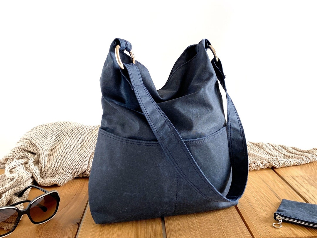 Navy Blue Waxed Canvas Hobo Bag for Women, Vegan Shoulder Bag, Made to ...
