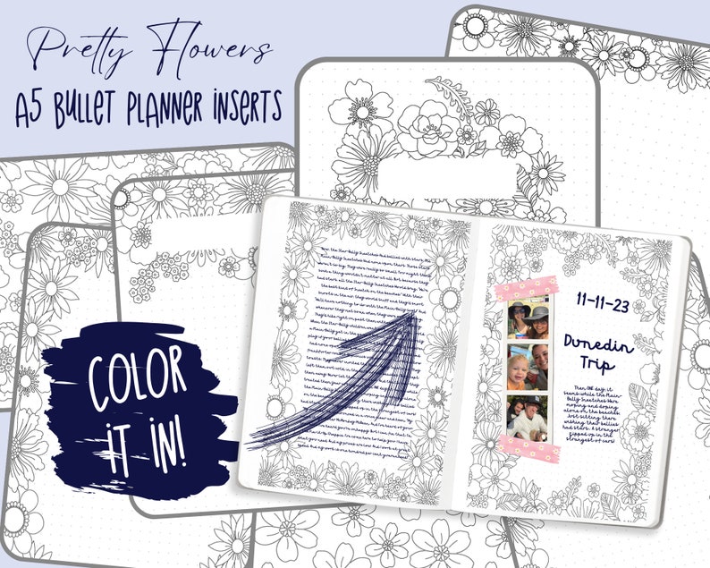 Bullet Journal Printable Undated Bujo PDF A5 Bundle pretty Florals Coloring Pages - Etsy