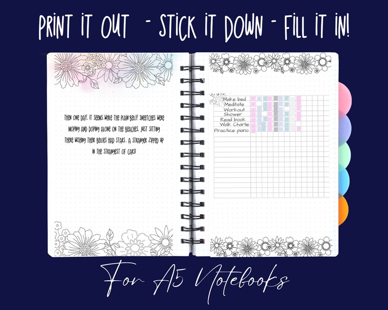 Bullet Journal Printable Undated Bujo PDF A5 Bundle pretty Florals Coloring Pages - Etsy