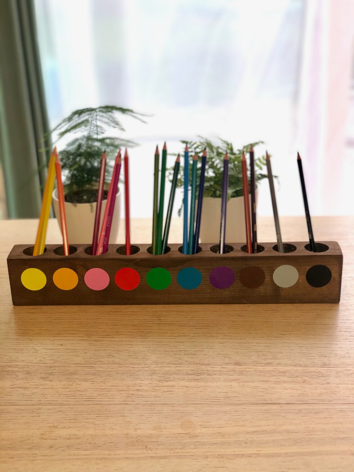 Pencil pot wooden pencil holder multi-colour. office | Etsy