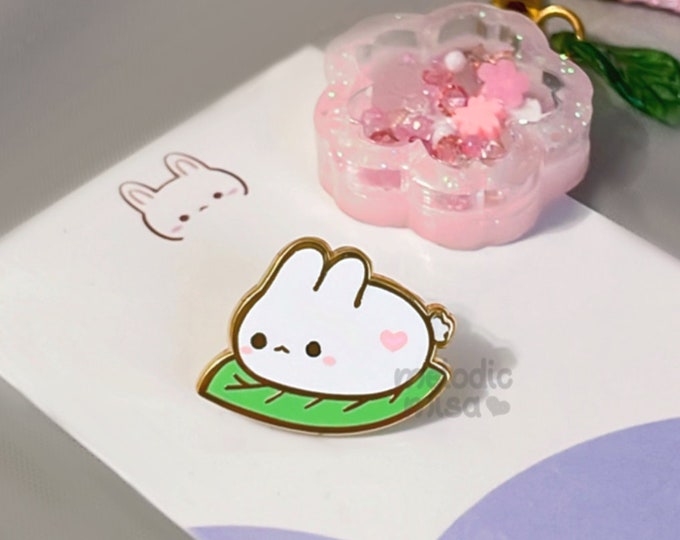 Mochi Bunny Enamel Pin | Mini Chibi Bunny on Leaf | Kawaii Hard Enamel ...