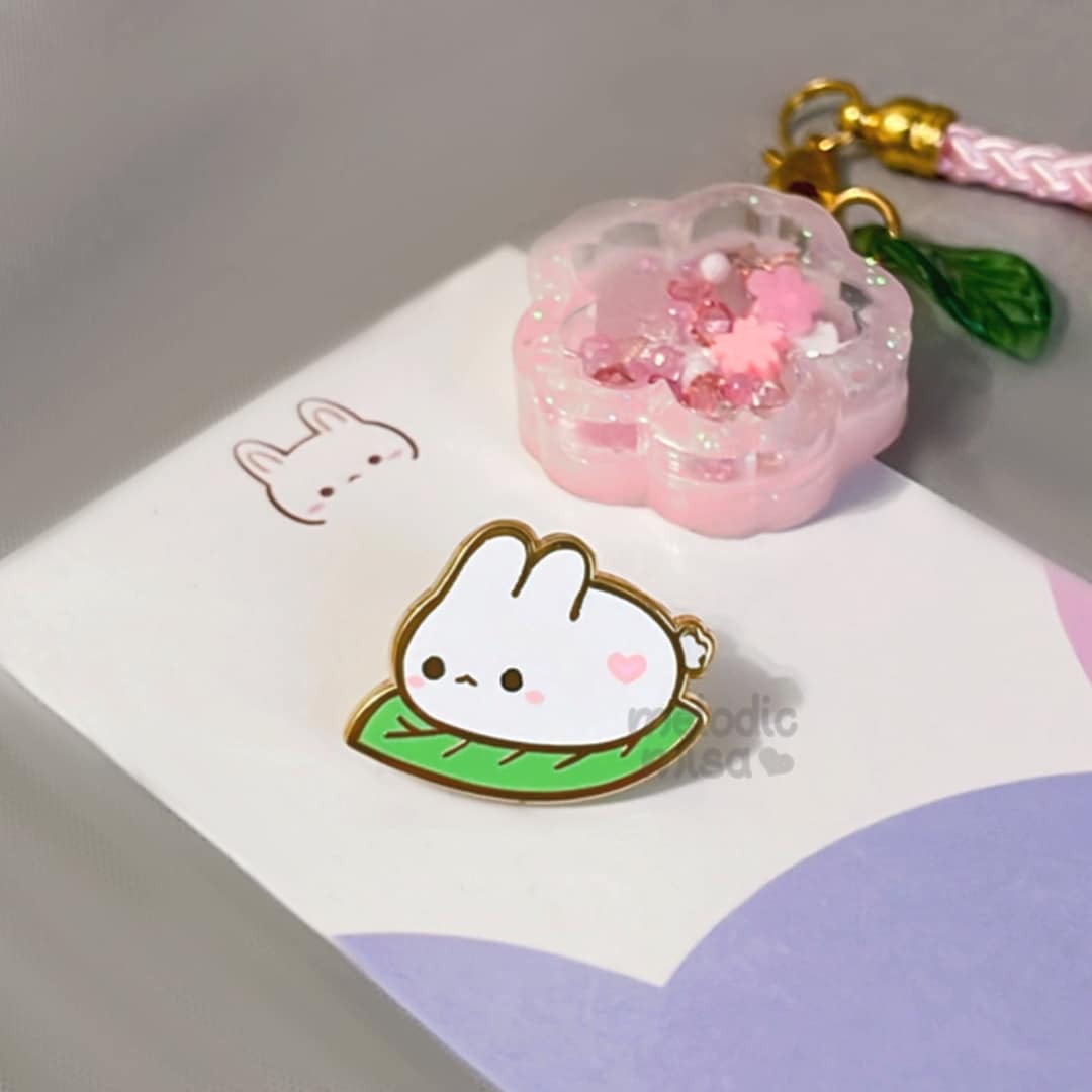 Mochi Bunny Enamel Pin | Mini Chibi Bunny on Leaf | Kawaii Hard Enamel ...