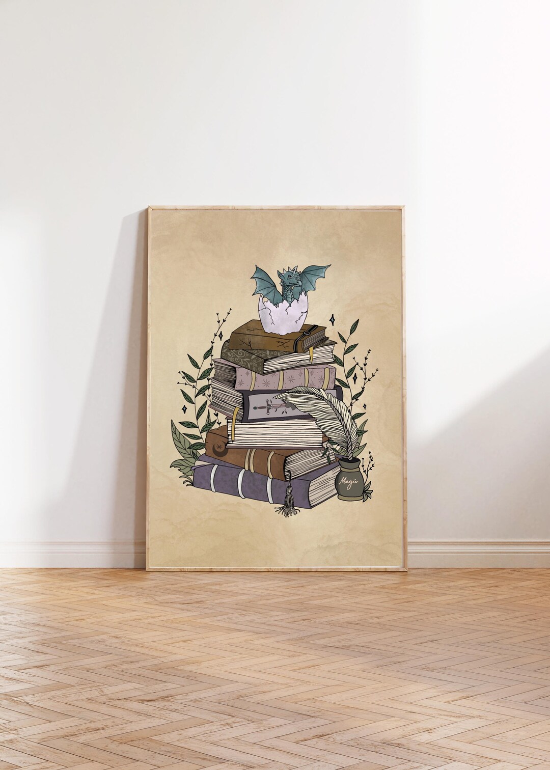 Fantasy Book Stack and Baby Dragon Art Print, Wall Art, Bookish Gifts ...