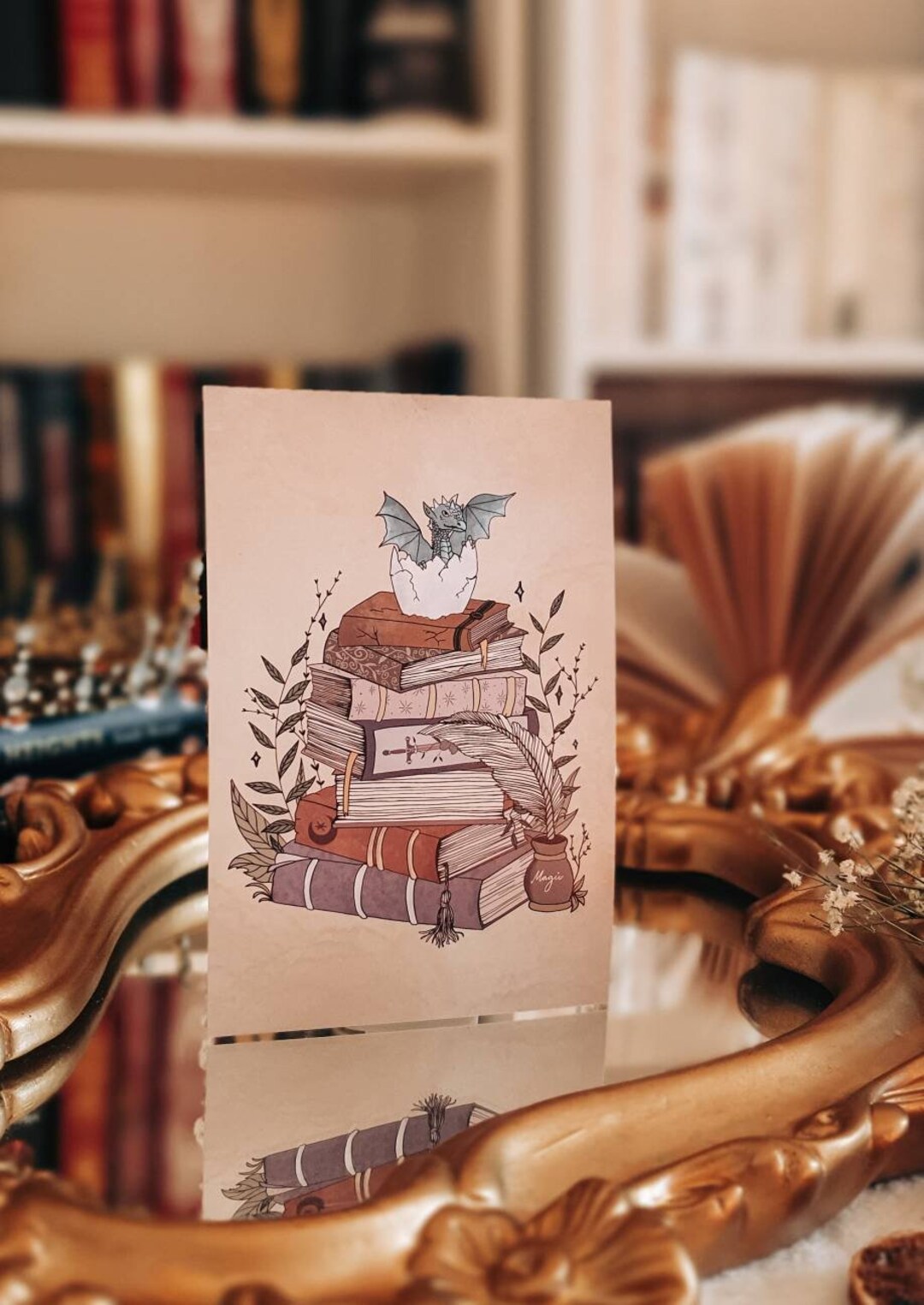 Fantasy Book Stack and Baby Dragon Art Print Wall Art - Etsy UK