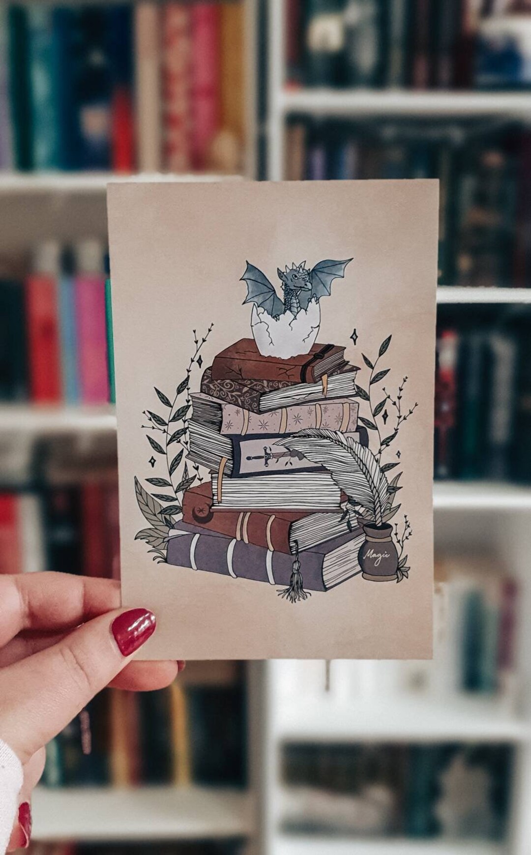 Fantasy Book Stack and Baby Dragon Art Print, Wall Art, Bookish Gifts ...
